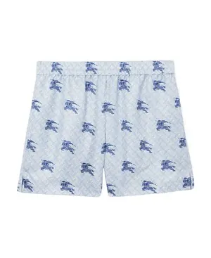 Burberry Silk Twill Knee-length Shorts With Monogram And Equestrian Knight Print - White