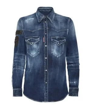 Dsquared2 X Ducati Denim Fashion Distressed Western Shirt - Blue