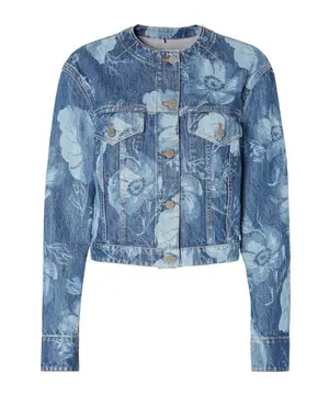 Fendi Floral Printed Cropped Crewneck Denim Jacket