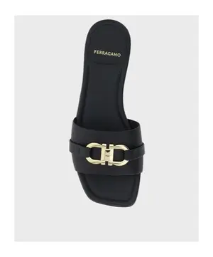 FERRAGAMO Metal Finish Flat Sandals - Black