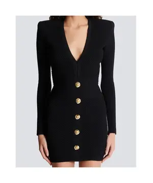Balmain Ribbed Long-sleeved V-neck Dress With Gold Coin Buttons