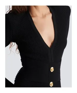 Balmain Ribbed Long-sleeved V-neck Dress With Gold Coin Buttons