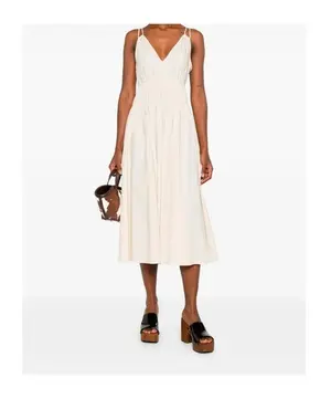 Pinko Amie Gathered Midi Dress With V-neck - White