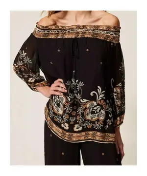 TWINSET Printed Off-shoulder Long Sleeve Blouse