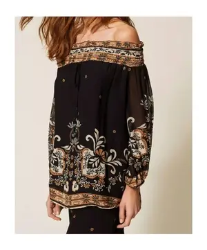 TWINSET Printed Off-shoulder Long Sleeve Blouse