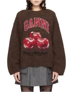 GANNI Cherry Patterned Oversized Knit Jumper - Brown