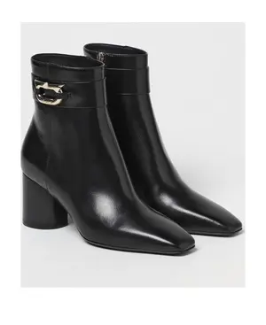 FERRAGAMO Leather Pointed Toe Buckle Boots