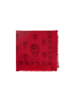 Alexander McQueen Skull Printed Fringed Edge Scarf - Red