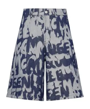 Alexander McQueen Graffiti Printed Bermuda Denim Shorts - Indigo