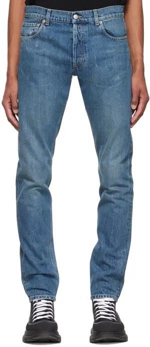 Alexander McQueen Low-rise Logo Embroidered Jeans - Blue
