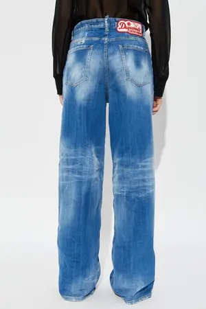 Dsquared2 Logo Patch Ripped Wide Leg Jeans - Blue