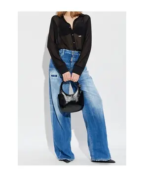 Dsquared2 Logo Patch Ripped Wide Leg Jeans - Blue