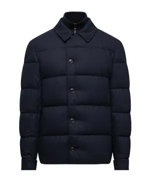 Moncler Cashmere Blend Down Shirt Jacket With Knit Collar - Navy Blue