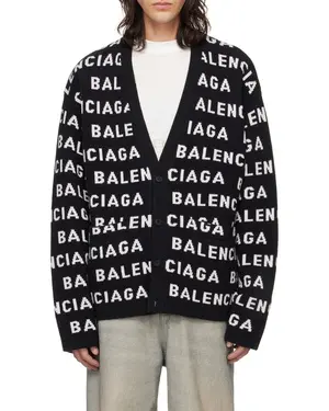 Balenciaga Logo Intarsia Knit V-neck Cardigan