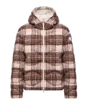 Moncler Cervi Wool Blend Hooded Short Down Jacket With Plaid Print