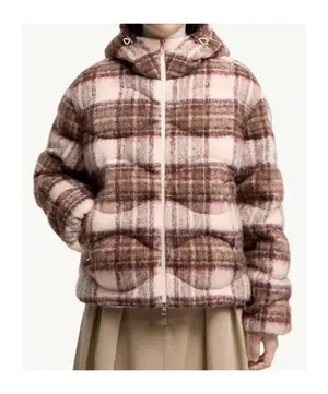 Moncler Cervi Wool Blend Hooded Short Down Jacket With Plaid Print