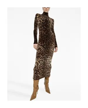 Dolce & Gabbana Leopard-printed High-neck Mid-length Dress