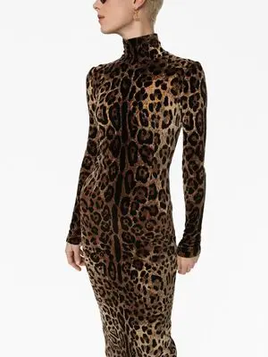 Dolce & Gabbana Leopard-printed High-neck Mid-length Dress