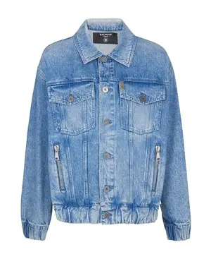 Balmain Denim Jacket With Classic Collar And Silver Metal Zippers