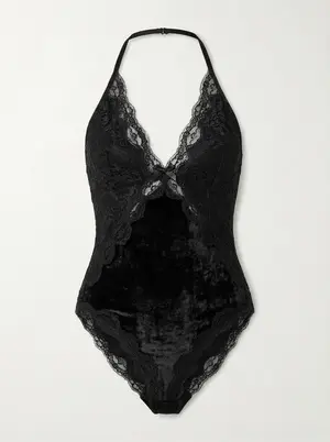 Gucci Halter Neck Lace And Velvet Bodysuit - Black