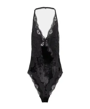 Gucci Halter Neck Lace And Velvet Bodysuit - Black