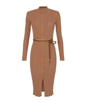 Elisabetta Franchi Ribbed Knit Button-up Midi Dress With Openwork Detail - Leather