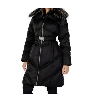 Guess Long Down Jacket With Faux Fur Trim And Belted Waist - Black
