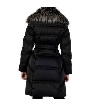 Guess Long Down Jacket With Faux Fur Trim And Belted Waist - Black