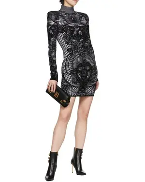 Balmain Long Sleeve Embroidered Velvet Dress