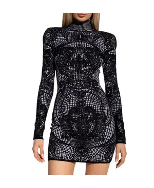 Balmain Long Sleeve Embroidered Velvet Dress