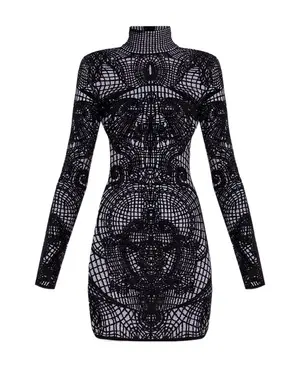 Balmain Long Sleeve Embroidered Velvet Dress