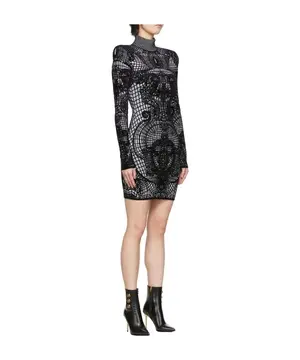 Balmain Long Sleeve Embroidered Velvet Dress