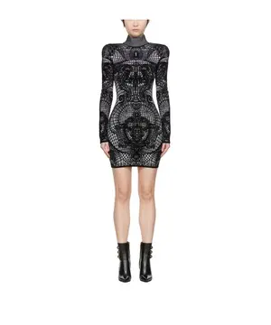 Balmain Long Sleeve Embroidered Velvet Dress