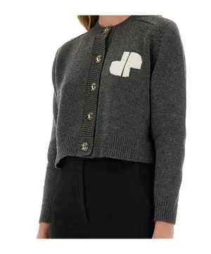 PATOU Cropped Button-up Knit Cardigan With Art Deco Initials - Black