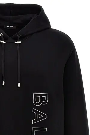 Balmain Logo Embossed Drawstring Hoodie - Black