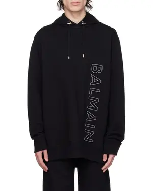 Balmain Logo Embossed Drawstring Hoodie - Black