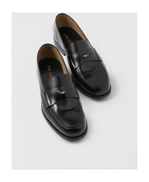 Prada Brushed Leather Slip-on Penny Loafers With Enameled Triangle Logo - Black