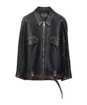 Prada Leather Zip-up Jacket With Triangle Logo - Black