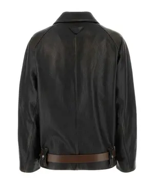 Prada Leather Zip-up Jacket With Triangle Logo