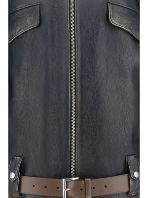 Prada Leather Zip-up Jacket With Triangle Logo