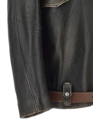 Prada Leather Zip-up Jacket With Triangle Logo