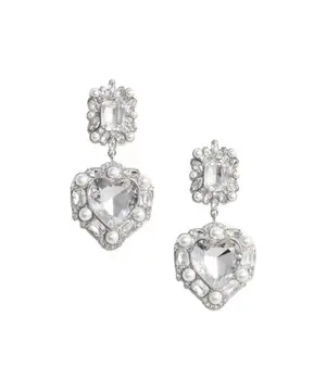 SELF-PORTRAIT Heart Shaped Pendant Earrings With Faux Pearl And Crystal Embellishment - Silver