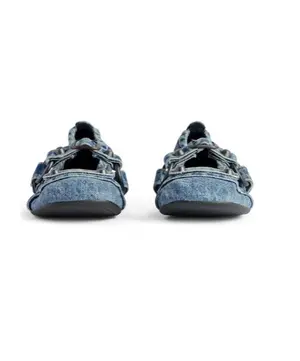 Balenciaga City Denim Ballet Flats With Studs And Buckles - Blue