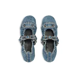 Balenciaga City Denim Ballet Flats With Studs And Buckles - Blue