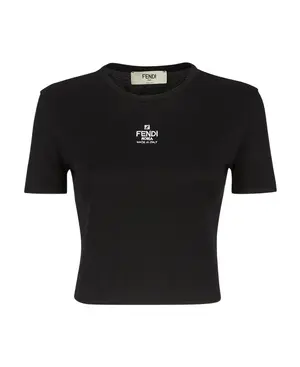 Fendi Logo Embroidered Crewneck Cropped T-shirt - Black