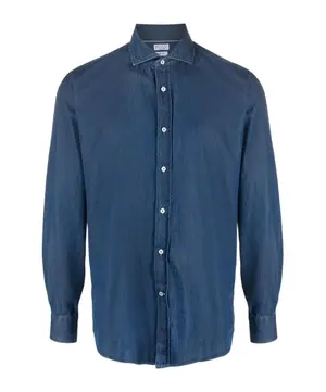 Brunello Cucinelli Curved Hem Buttoned Denim Shirt - Blue