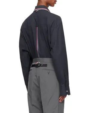 Thom Browne Rwb Stripe-printed Curved Hem Overshirt - Navy Blue