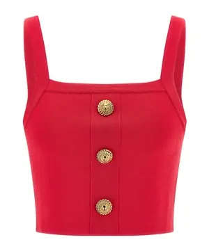 Balmain Ribbed Knit Bralette Top With Logo Buttons - Red
