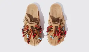 SCAROSSO Muller Round Toe Mules With Tassel And Bead Embellishments - Nude