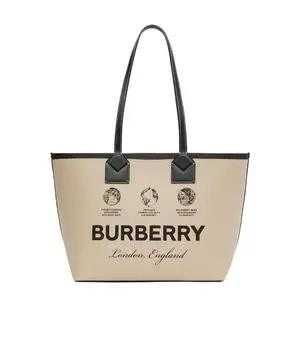 Burberry Logo Printed Cotton Tote Bag With Leather Trim